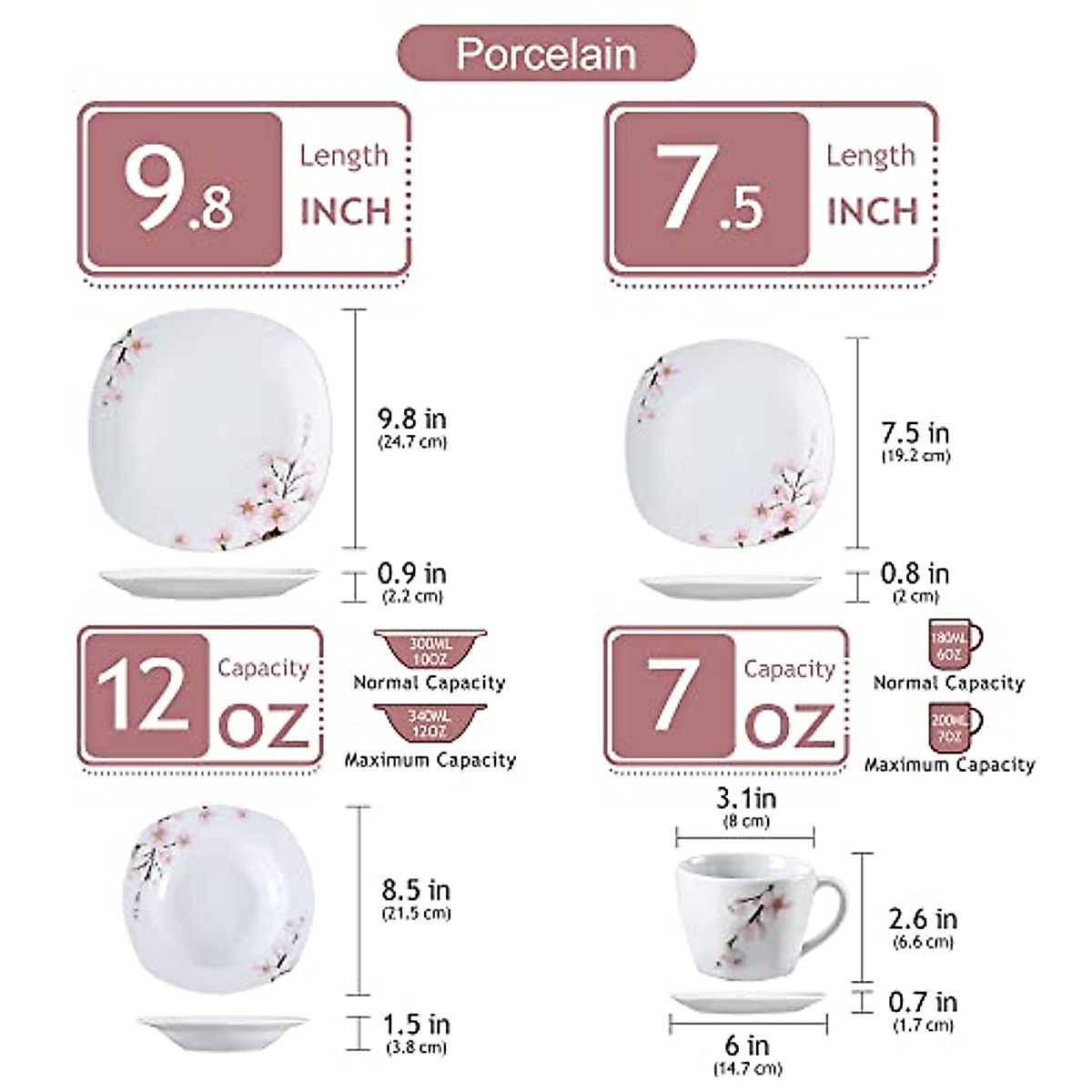 VEWEET, Series Annie, 30-Piece Porcelain Dinnerware Set with Pink Floral Pattern, White Plates and Bowls Sets including Dinner Plates, Dessert Plates, Soup Plates Set, Cups & Saucers, Dishes Set for 6
