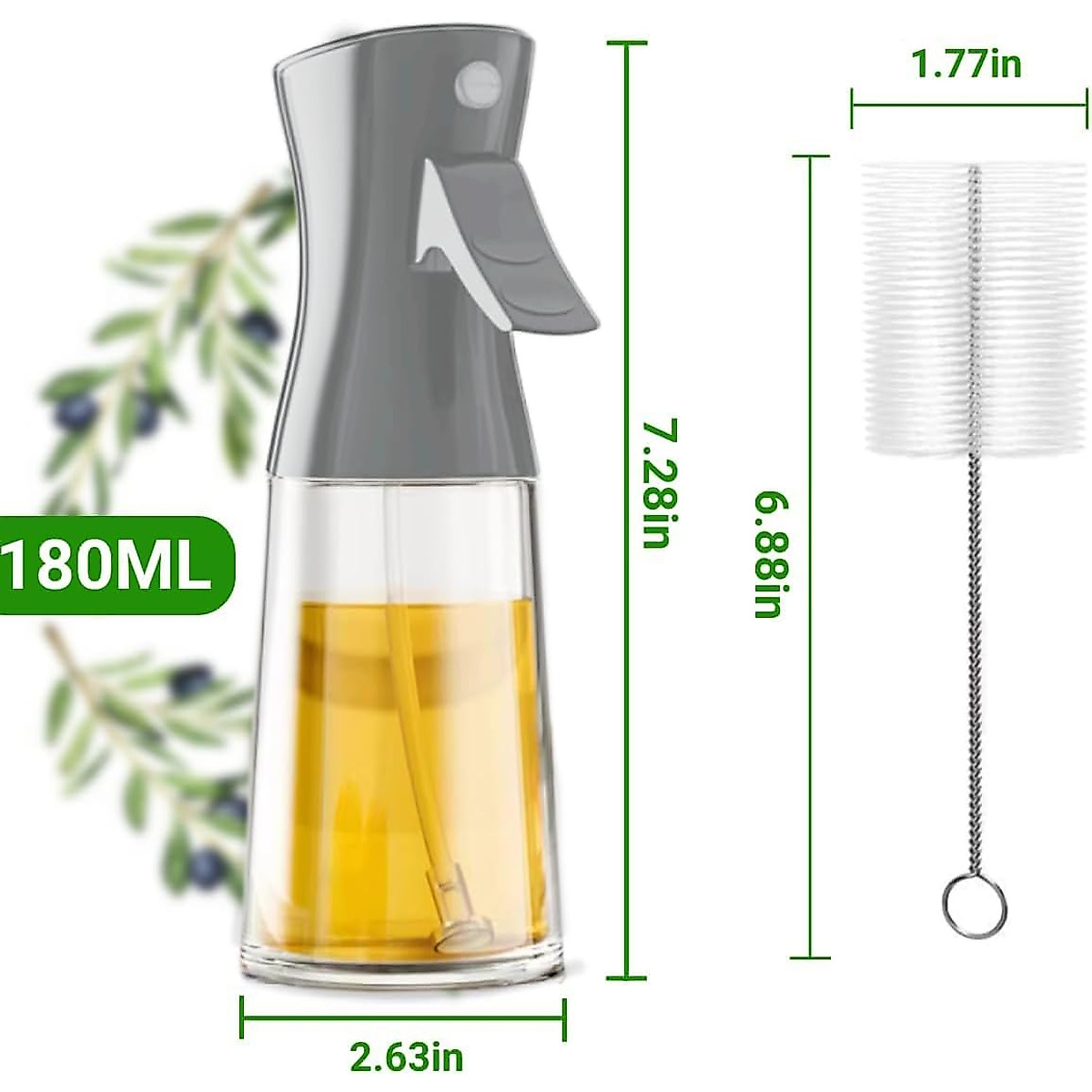180ml Glass Olive Oil Sprayer, Oil Sprayer with Brush for Cooking - Thick Glass, Strong Spray Force, Kitchen Gadgets Accessories