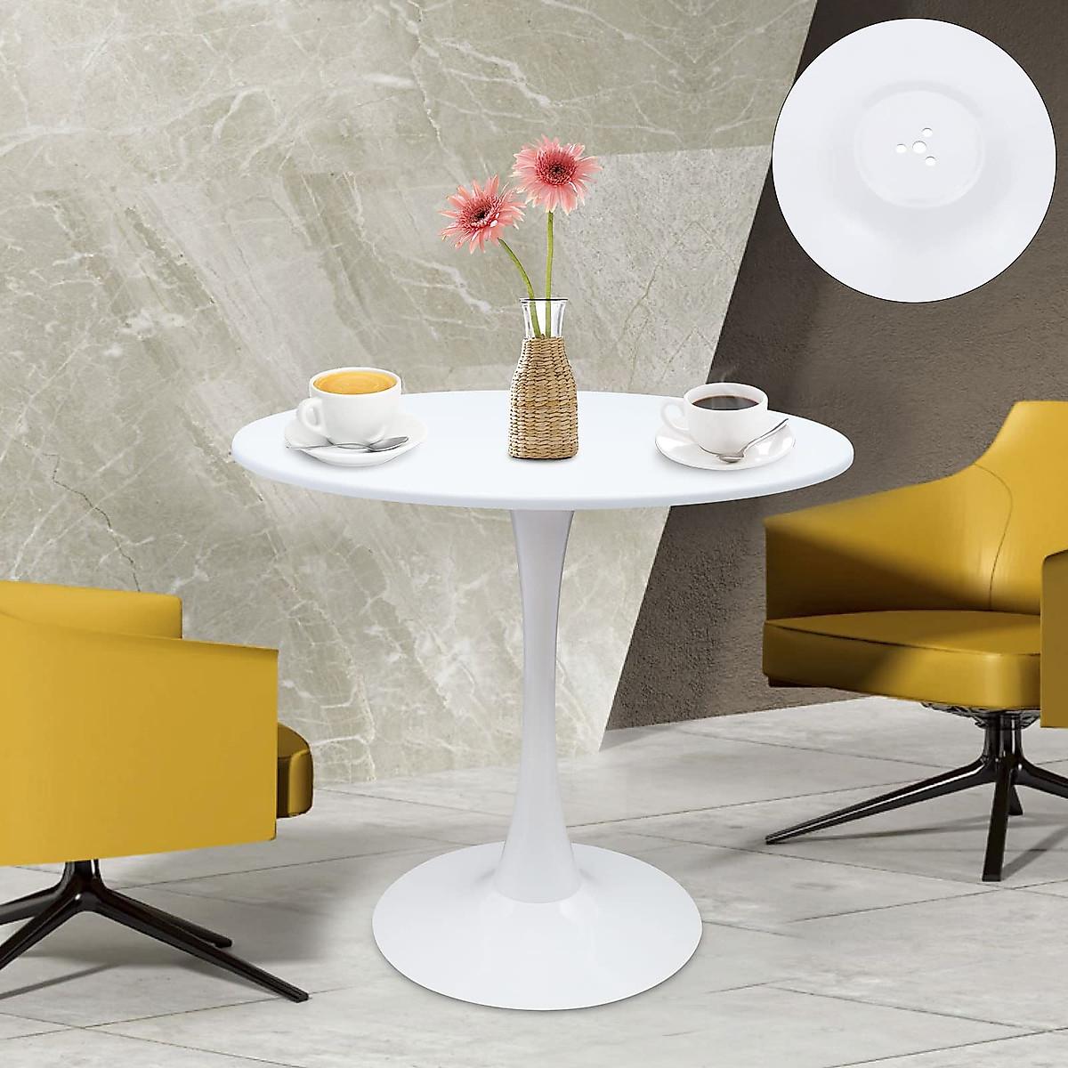Fichiouy Round Coffee Dining Table with MDF Top Size: 31.5 * 28.7 * 19.7inch, Modern Milk Tea Table Round Pedestal Iron Dining Table Max Load: 165.35LBS