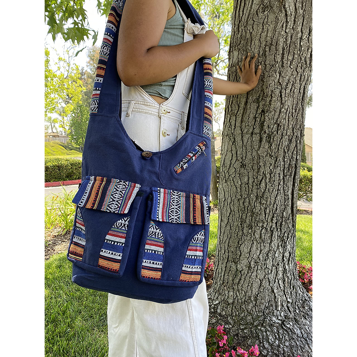 Navy Blue Cross Body Shoulder Bag with Woven Tribal Accent Design Large