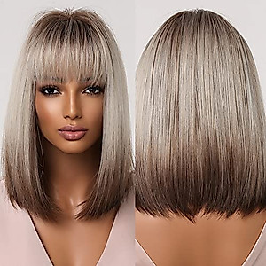 Allbell Brown Blonde Ombre Bob Wigs for Women Cosplay Wig with Bangs Dark Roots Gray Natural Hair Synthetic Wig