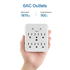KMC Wall Surge Protector, 980 Joule, 6-Outle Wall Plug Adapter Power Strip, White