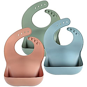 Eascrozn Silicone Baby Bibs for Babies & Toddlers Set of 3, BPA Free Unisex Soft Adjustable Fit Waterproof Feeding Bibs