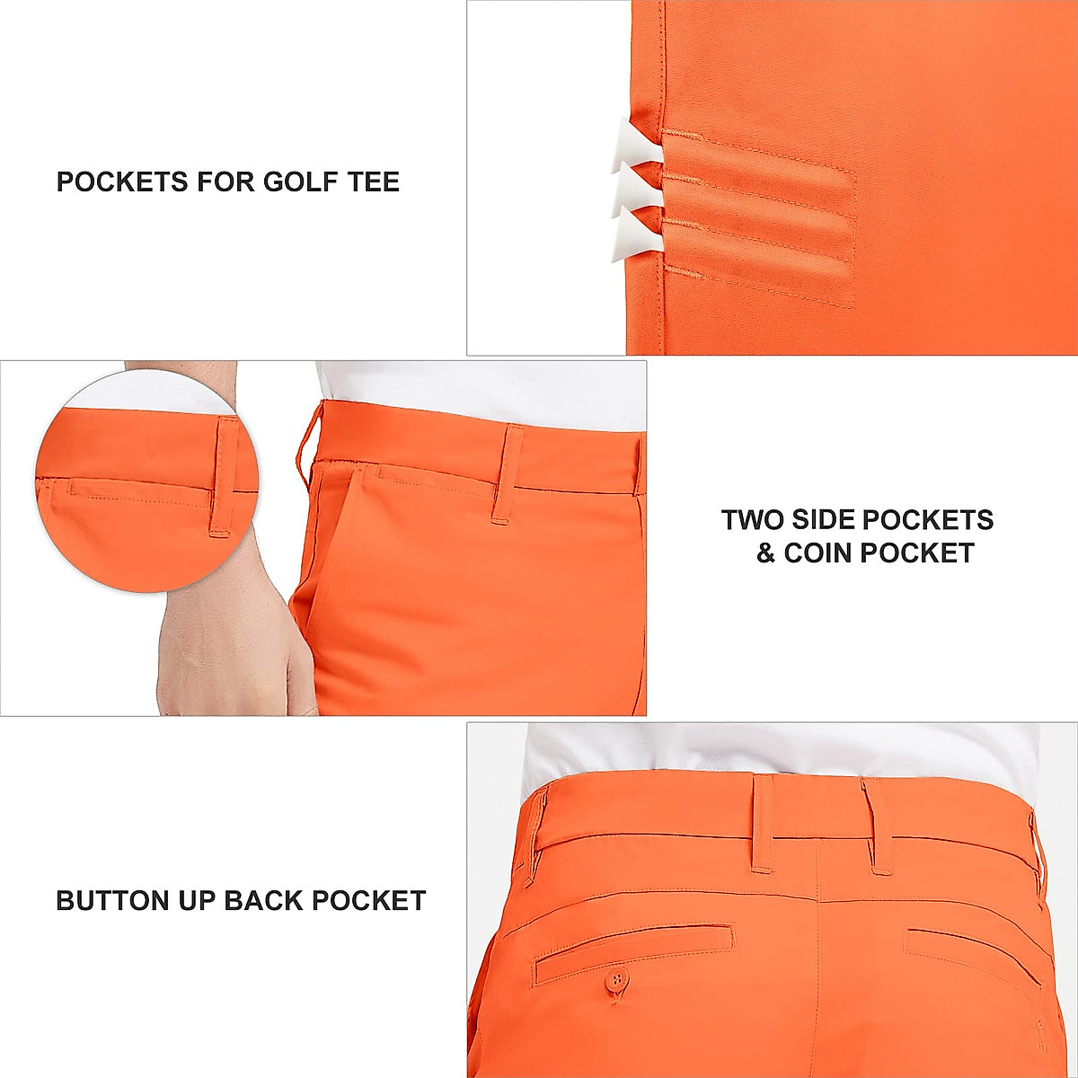 Lesmart Men Golf Pants Expandable Waistband Stretch Relaxed Fit Golf Pants with Pockets Orange 32Wx33L