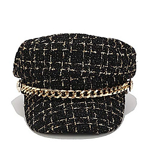 Women Plaid-Tweed Newsboy-Baker-Boy Hat Captain-Sailor Fisherman Hat Peaked-Beret with Chain Black