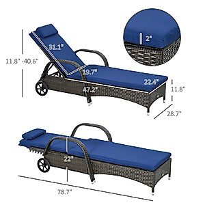 Outsunny Wicker Outdoor Chaise Lounge Set of 2, 5-Level Adjustable Backrest PE Rattan Pool Lounge Chair with Wheels, Cushion & Headrest, Brown and Dark Blue