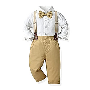 Moyikiss Studio Toddler Dress Clothes Baby Boys Gentleman Outfits White Bowtie Shirts+Suspender Pants Sets(Khaki,70/6-12 Months)
