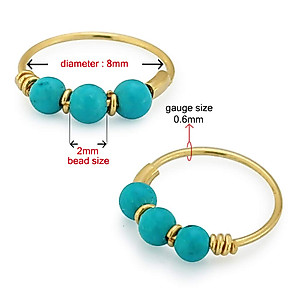 PiercingPoint 9KT Solid Yellow Gold Triple Turquoise Beads 22 Gauge (0.6MM) - 5/16 (8MM) Length Hoop Nose Ring