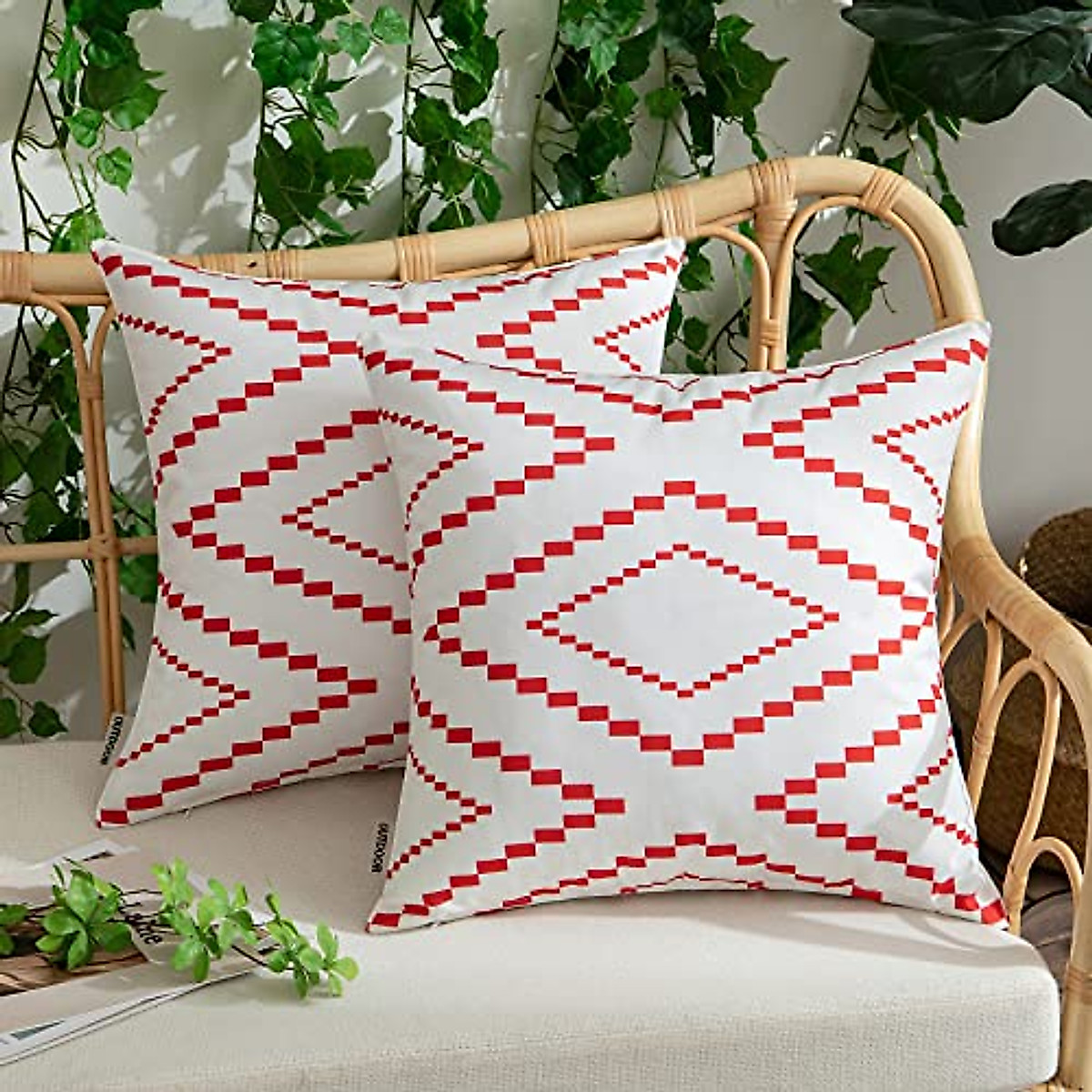 Woaboy Pack of 2 Lucky Outdoor Waterproof Throw Pillow Covers Decorative Rhombus Rectangle Pattern Print Pillowcases Modern Geometric Solid Cushion Sham for Patio Garden Sofa Couch 18x18 Inch red