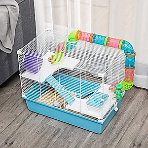 PawHut 3-Tier Large Hamster Cage with Tubes and Tunnels, Portable Carry Handles, Toy-Filled Steel Small Animal House, Includes Exercise Wheel, Water Bottle, Food Dish, 23" x 14" x 18.5", Light Blue