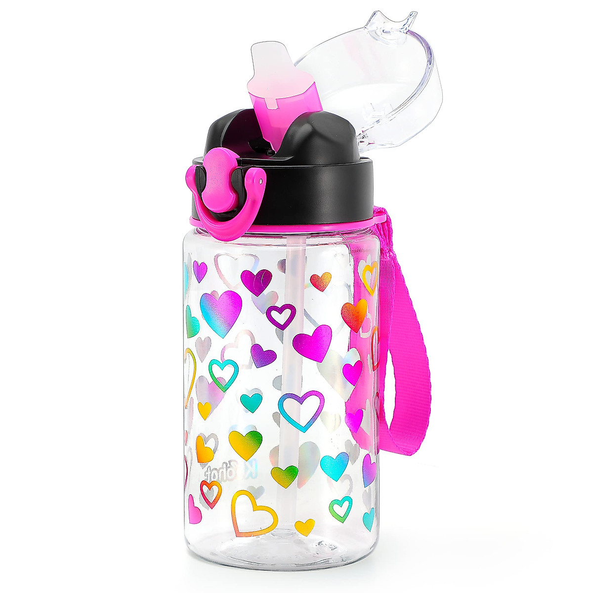 Cute Water Bottle with Straw for Kids Girls Boys, BPA Free Tritan & Leak Proof Flip Top & Soft Silicone Sipper & Easy Clean, 15oz / 450ml (Heart)