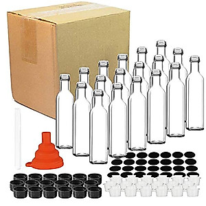 WERTIOO Hot Sauce Bottles, 18 Pack 8.5 OZ Quadra Bottles with Leak Proof Screw Caps, Glass Square Bottles With Caps Shrink Capsules for Oil, Vinegar, Syrup, Salad Dressing, Juicing