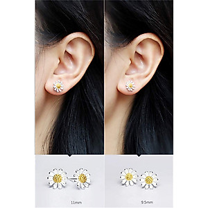 Daisy Earrings Stud for Women Teen Girls S925 Sterling Silver 14K White Yellow Gold Plated Pierced Ear Tiny Small Flower Leaf Stud Earrings Post Pin Hypoallergenic Jewelry (9.5mm)