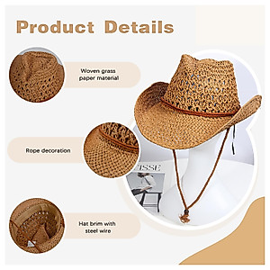 Generic Straw Cowboy Hat Wide Brim Sun Hat Cowgirl Summer Western Cowboy Hat for Holiday Party Men Women Travel Outdoor Family Sun Hat with Sunglasses Khaki
