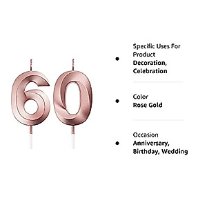 BBTO 60th Birthday Candles Cake Numeral Candles Happy Birthday Cake Topper Decoration for Birthday Party Wedding Anniversary Celebration Supplies (Rose Gold)