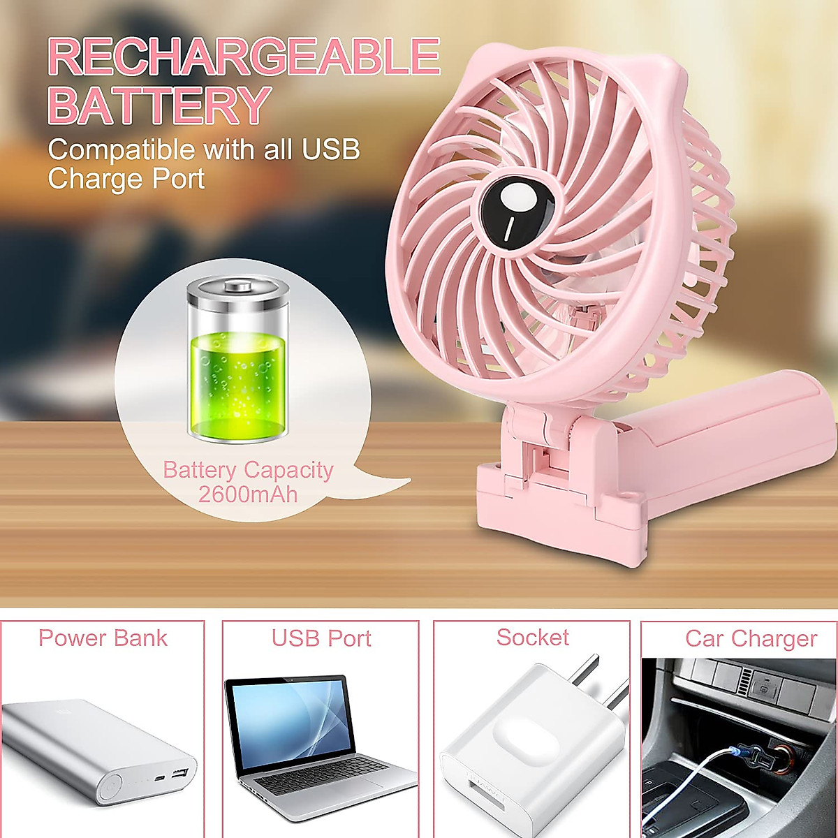 TriPole Mini Handheld Fan 2600mAh Battery Operated Fan 3 Speed Adjustable USB Rechargeable Small Portable Personal Fan Foldable Stroller Desk Table Fan for Kids Girls Woman Home Office Outdoor Travel