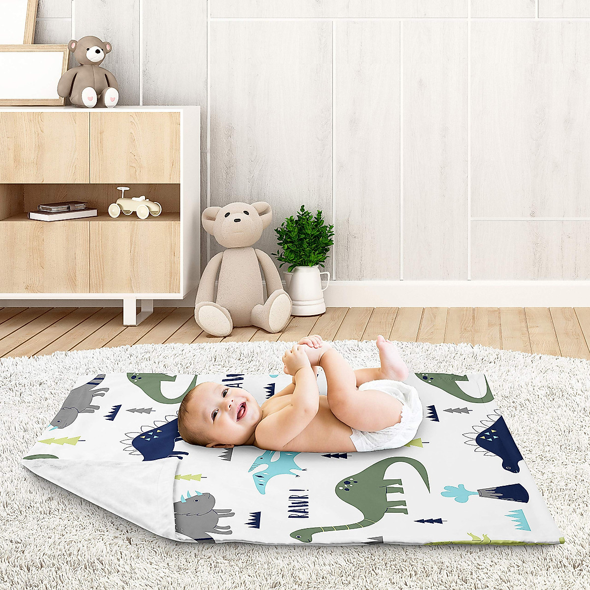 Sweet Jojo Designs Modern Dino Mod Dinosaur Baby Boy Receiving Security Swaddle Blanket for Newborn or Toddler Nursery Car Seat Stroller Soft Minky - Blue, Green and Grey