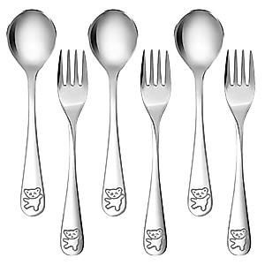PandaEar 6 Piece Kids Silverware Cutlery Flatware Set |Toddler Baby Child Stainless Metal Utensils Baby Metal 3 Spoons 3 Forks (410 Stainless Steel)