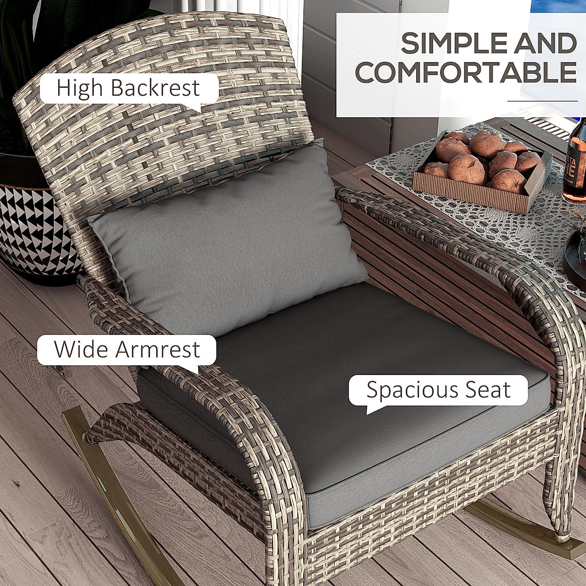 Outsunny Outdoor Wicker Adirondack Rocking Chair, Patio Rattan Rocker Chair with High Back, Seat Cushion, and Pillow for Garden, Porch, Balcony, Gray