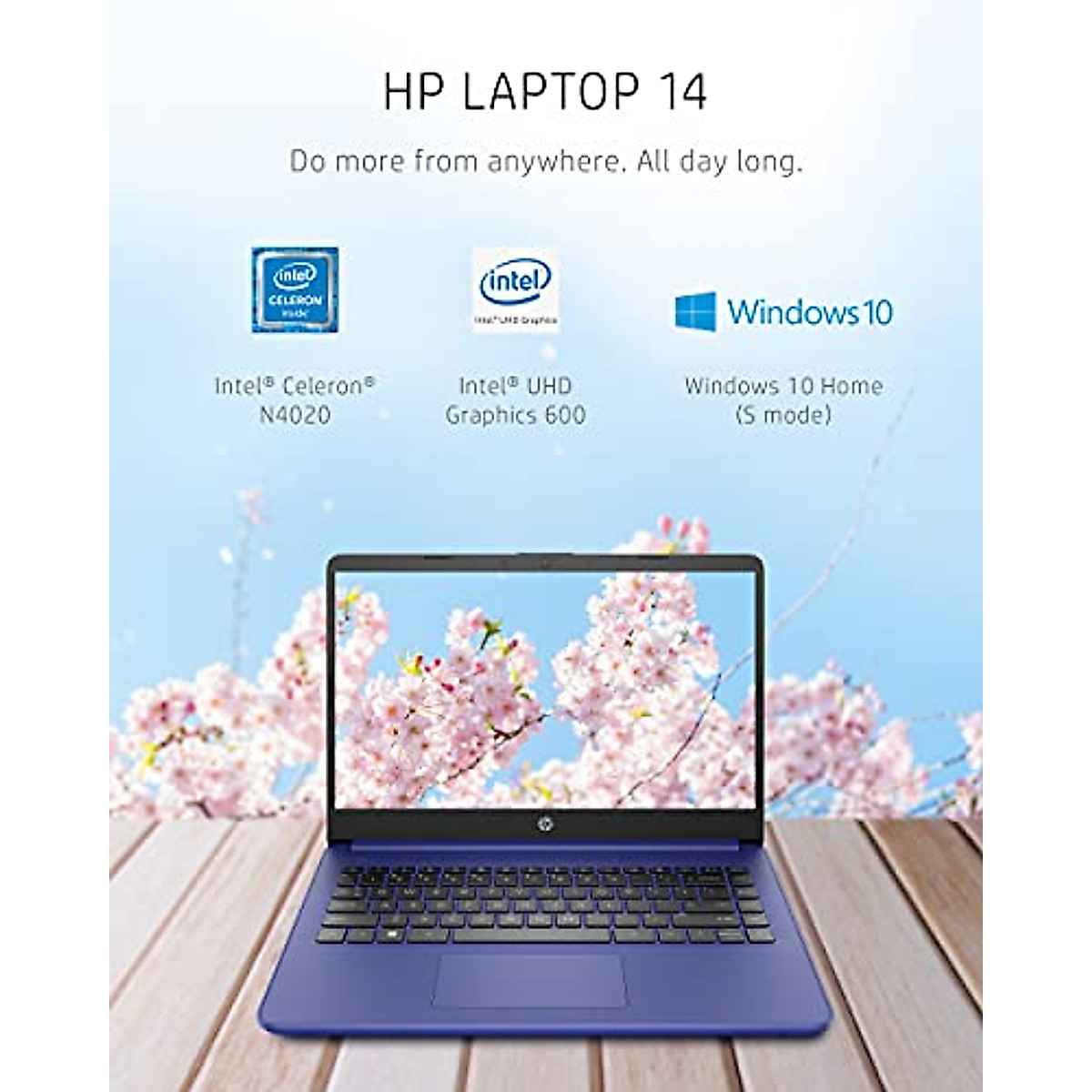 HP 14 Laptop, Intel Celeron N4020, 4 GB RAM, 64 GB Storage, 14-inch Micro-edge HD Display, Windows 10 Home, Thin & Portable, 4K Graphics, One Year of Microsoft 365 (14-dq0010nr, 2021, Indigo Blue)