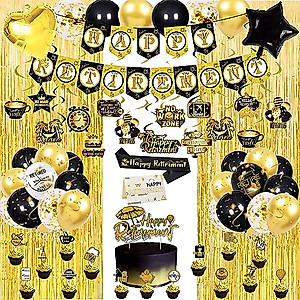 Sharonlily Premium Black and Gold Retirement Party Decorations, Super Value Pack of Happy Retirement Decoration Supplies, Hanging Swirls, Fringe Curtains, Balloons, Happy Retirement Banner, Sash, Card