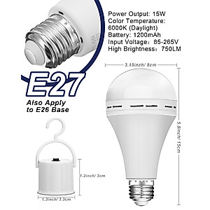 Mudder 12 Pcs 15W Rechargeable Emergency LED Bulb Battery Backup Emergency Light 1200mAh Battery Operated Light Bulb for Power Outage Home Outdoor Activity Camping Hurricane, 7000K Daylight, E27 Base