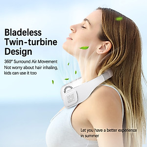 YUSSOT Neck Fan, Portable Neck Fan Rechargeable, Hands Free Bladeless Fan, Battery Powered Wearable Personal Fan, Low Noise Long Time Use 360° Cooling Bladeless Personal Cooling Fan, 3 Speeds White