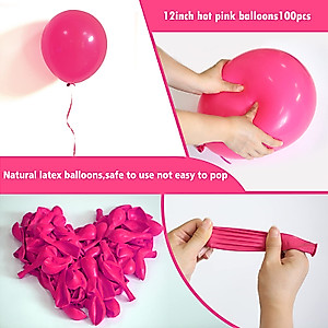 FOTIOMRG Hot Pink Balloons 12 inch, 100 Pack Hot Pink Latex Balloons Helium Quality for Valentines Birthday Wedding Bridal Shower Baby Shower Party Decorations (with Pink Ribbon)