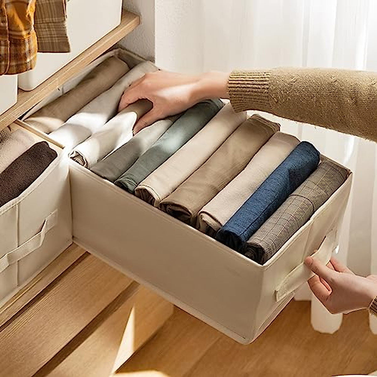 Temiminime Wardrobe Drawer Organizer for Clothes, 10 Grids 2Pack, Closet Organizers and Storage Bins for Legging Yoga Pants Shirt, with Handle & Removable Bottom Cardboard