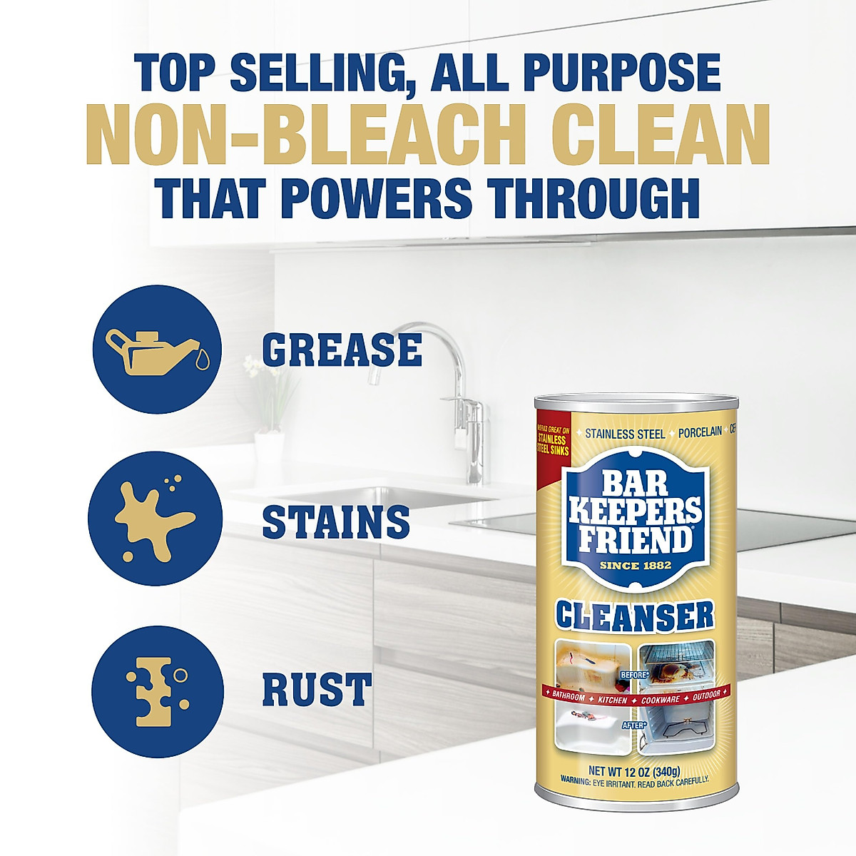 Bar Keepers Friend Powder Cleanser 12 Oz - Multipurpose Cleaner & Stain Remover - Bathroom, Kitchen & Outdoor Use - for Stainless Steel, Aluminum, Brass, Ceramic, Porcelain, Bronze and More (2 Pack)