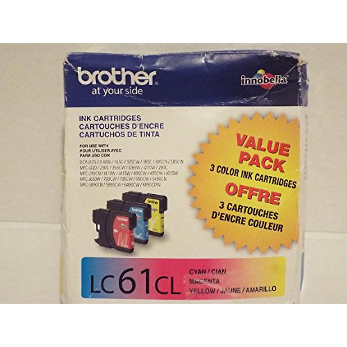 Brother LC61CL 3-Pack Ink Cartridge, 500 Page-Yield, Cyan Magenta Yellow