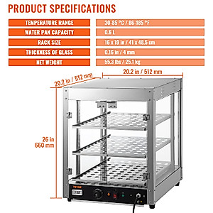 VEVOR 3-Tier Food Display Warmer, 800W, with Multidirectional Heating, Tri-Color Illumination & Bottom Fan. Features Temperature Control, 0.6L Water Tray for Humidity, Durable Stainless Steel & Gla