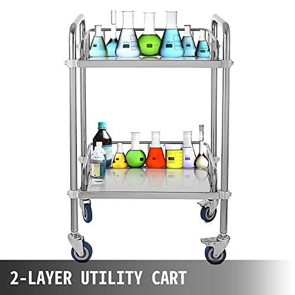 VEVOR 2-Shelf lab cart with Wheels Stainless Steel Rolling cart Lab Cart Utility Cart with high-Polish Stainless Steel 2 Lockable Wheels for Fixing