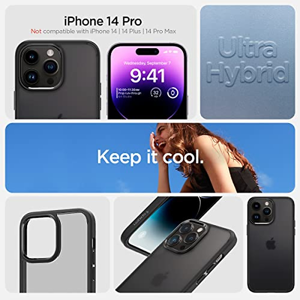 Spigen Ultra Hybrid for iPhone 14 Pro Case [Anti-Yellowing Technology] [Military Grade Drop Protection] Phone Case for iPhone 14 Pro - Frost Black