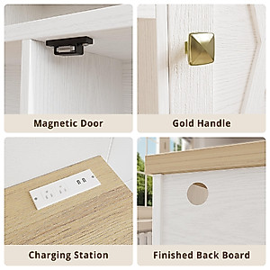 IRONCK Coffee Bar Cabinet with Power Strip, 47" Storage Cabinet with Barn Doors and Thickened Top Board, White Sideboard, Buffet for Dinning Room, Kitchen, Living Room