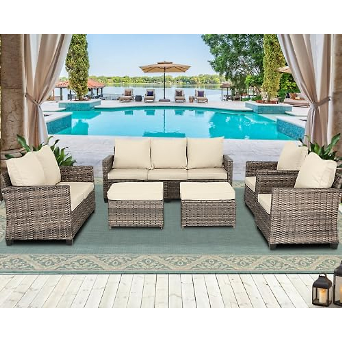 Furnimy Patio Furniture Set Rattan Outdoor Sectional Conversation Sets 3-Seat Outdoor Couch,2 Single Chair 1 Loveseat and 2 Ottoman for Lawn Balcony Garden Backyard (Gray-Tan, Set of 6)