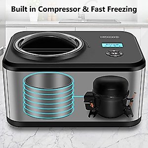 KUMIO 1.5 Quart Ice Cream Maker with Compressor, No Pre-Freezing, 4 Modes Ice Cream Maker Machine with LCD Display, Timer, Automatic Gelato & Yogurt Machine, Stainless Steel