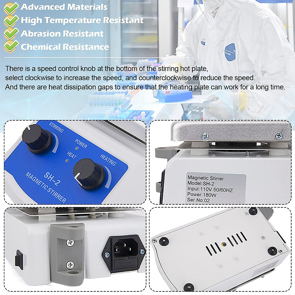 Magnetic Stirrer Hot Plate Mixer 1000ml Stirring Capacity Magnetic Hotplate Stirrer SH-2 Magnetic Stirrer Lab Hotplate Magnetic Stirrer Heater Max 520°F 100-2000 RPM