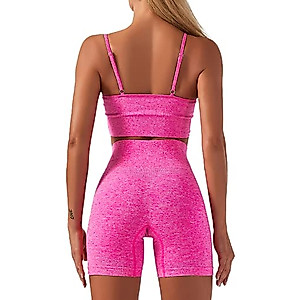 IWEMEK Workout Sets for Women Seamless 2 Piece Yoga Outfits Tummy Control High Waist Leggings Running Shorts with Adjustable Sport Bra Activewear Sets 01 Hot Pink Large