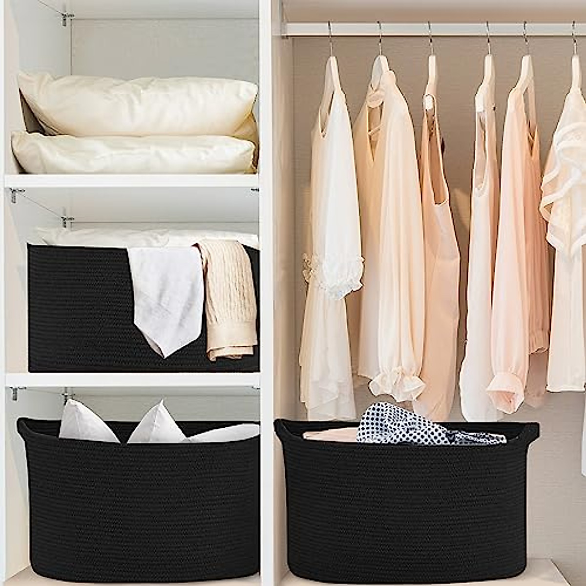 MEGASKET Extra Large Rectangle Storage Basket, 23.6" x 15.7" x 14.1" Black Blanket Basket Storage for Living Room, Large Soft Woven Cotton Rope Basket, Kids Toy Baskets Organizer Bins, Wicker Basket