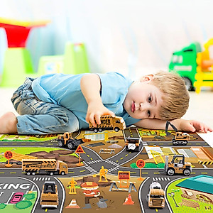 DigHealth Construction Vehicles Toys Set with 32×28 Inches Play Mat, 8 Mini Alloy Engineering Trucks and 7 Road Signs, Excavator and Dumper Truck Toy Gift for 3 4 5 6 7 Years Old Kids, Boy and Toddler