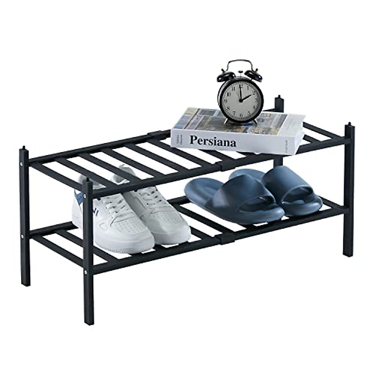 Dikolre Shoe Rack Organizer for Closet Entryway, 2-Tier Bamboo Stackable Shoe Rack Small Shoe Storage for Dorm Front Door Wooden Shoe Shelf, Black Brown