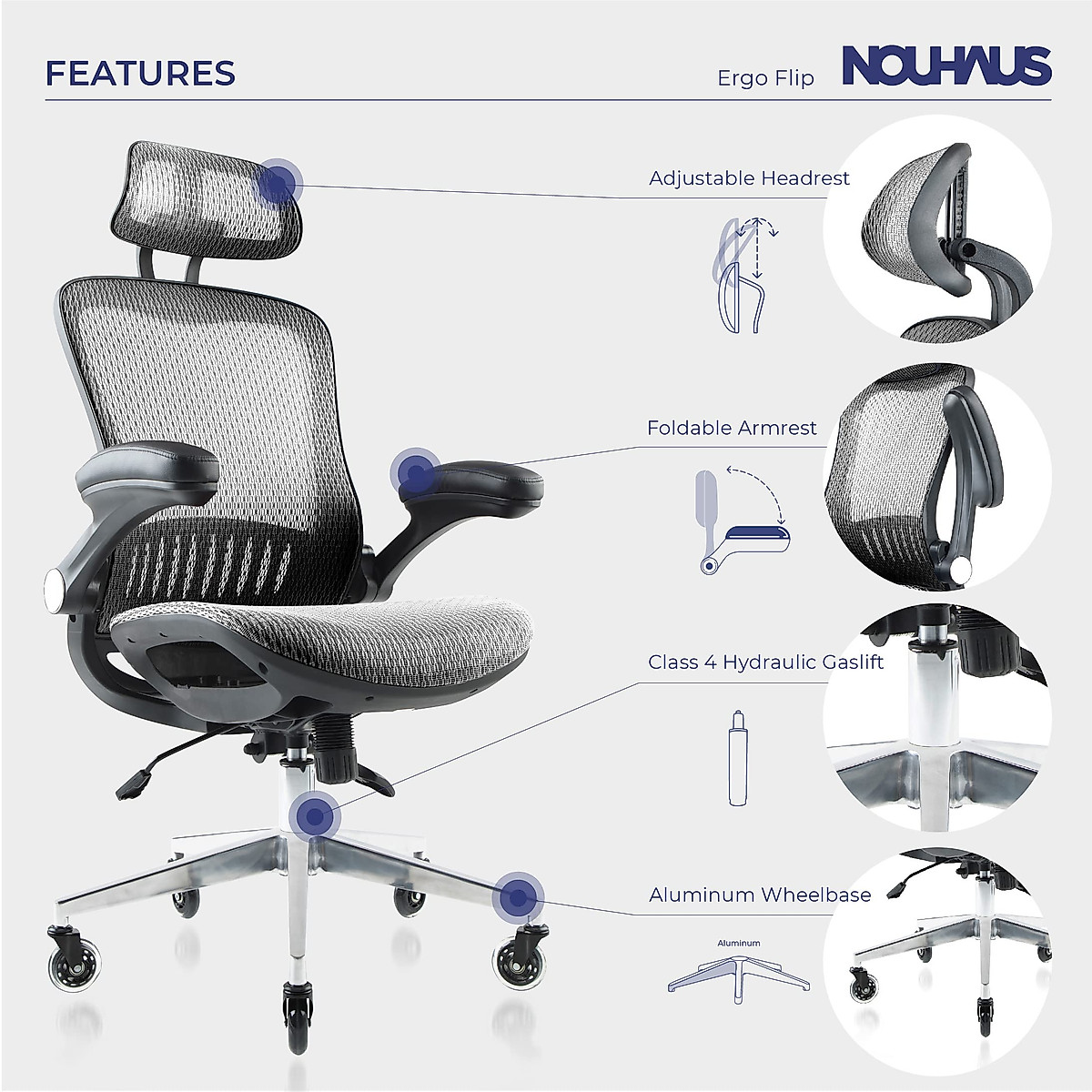 Nouhaus ErgoFlip Mesh Computer Chair - Grey Rolling Desk Chair with Retractable Armrest and Blade Wheels Ergonomic Office Chair, Desk Chairs, Executive Swivel Chair/High Spec Base