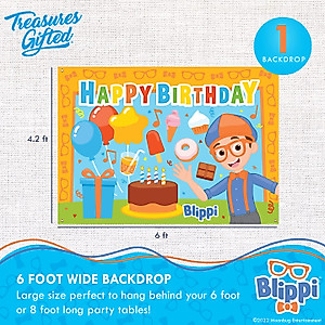 Treasures Gifted Officially Licensed Blippi Birthday Party Supplies - Blippi Backdrop - 4.25ft Tall x 6ft Wide Blippi Backdrop Birthday - Blippi Party Decorations - Blippi Birthday Banner