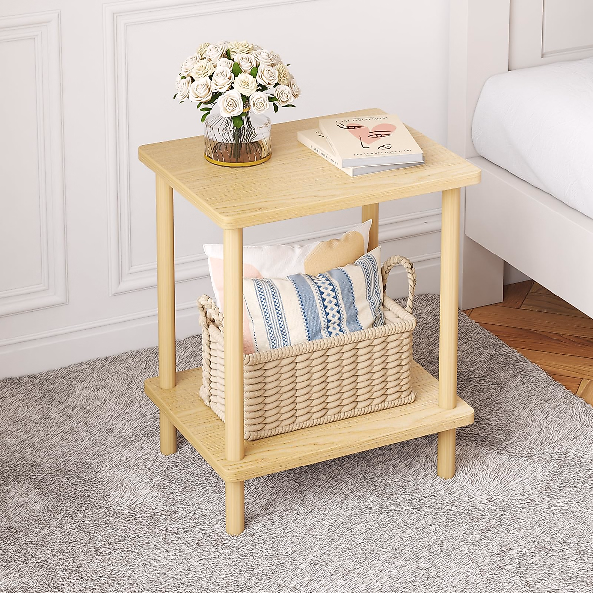 Fixwal Side Table, Small Side Table Living Room, Wood End Table, Nightstand Bedside Table, Natural (No-Tool Assembly)