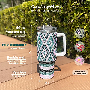 Cupcupmore 40oz Blue Diamond Bling Rhinestone Stainless Steel Sippy Tumbler Glitter Vacuum Insulated Water Bottle with Straw & Lid &Handle,Thermos for Hot & Cold Drinks,Car Cup Holder,Coffee