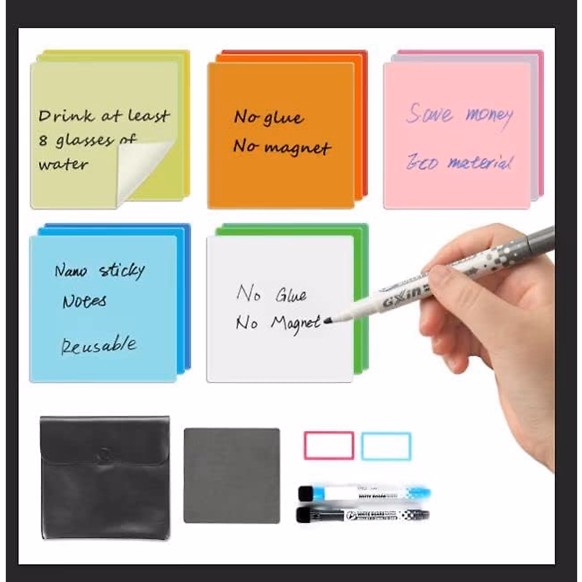 HOHI LINE Dry Erase Reusable Colorful Square 4x4 Self-Stick Notes Pads Sticky Post it Notes Magnetic Whiteboard Markers with Erasers (4"x4", Colorful 15pcs Note Pad)