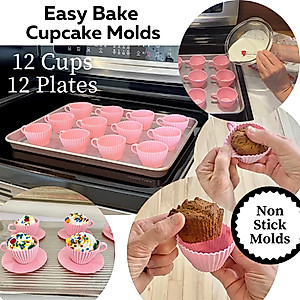 Evelots Teacup Silicone Cupcake Liners 24 Pc Set Oven Safe Baking Set (12 Cups/ 12 Saucers)-Reusable Baking Muffin Cups- BPA Free-2 Colors