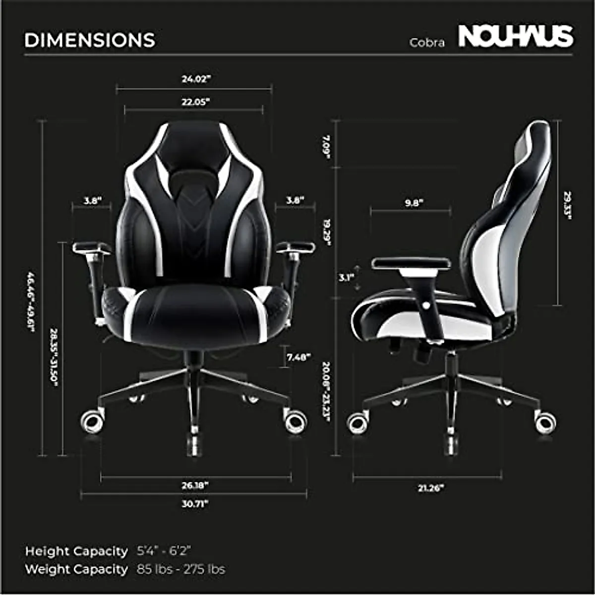 Nouhaus Cobra Office Chair - Office Chair or Desk Chair with Extra Large Caster Wheels XL Pro Rims - High Spec Office Chairs for Adults, Ergonomic Chair (White/Black)