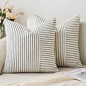 MIULEE Grey and Beige Patchwork Farmhouse Pillow Covers 18x18 Inch, Pack of 2 Striped Linen Decorative Modern Accent Pillow Cases for Sofa Couch Bedroom